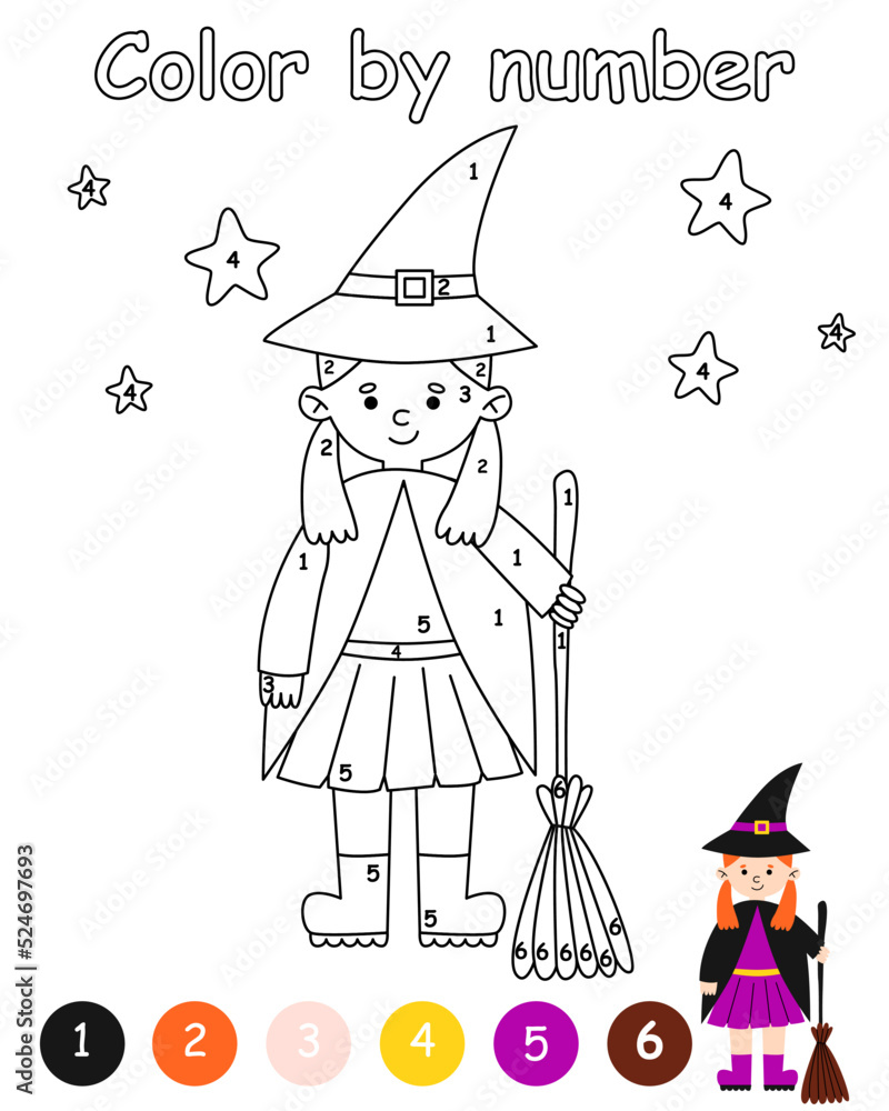 Color by number game for kids. Children in costume witch. Halloween ...