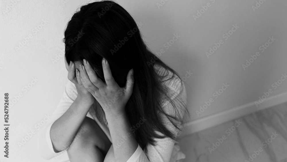 Foto de Stock Stop hurting woman! young female person raised her hand ...