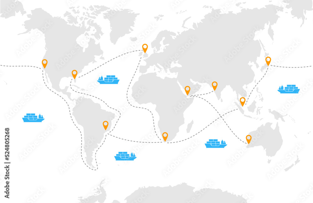 World map with ships, sea ports and transport routes. Vector ...