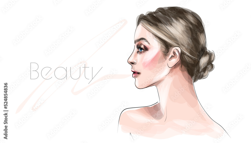 VECTOR stylish original hand-drawn graphics portrait with beautiful ...