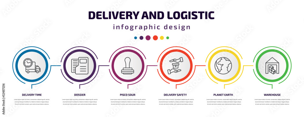 delivery and logistic infographic template with icons and 6 step or ...