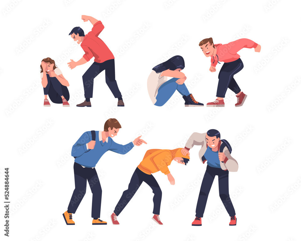 Angry people arguing and fighting set. Husband yelling and beating his ...