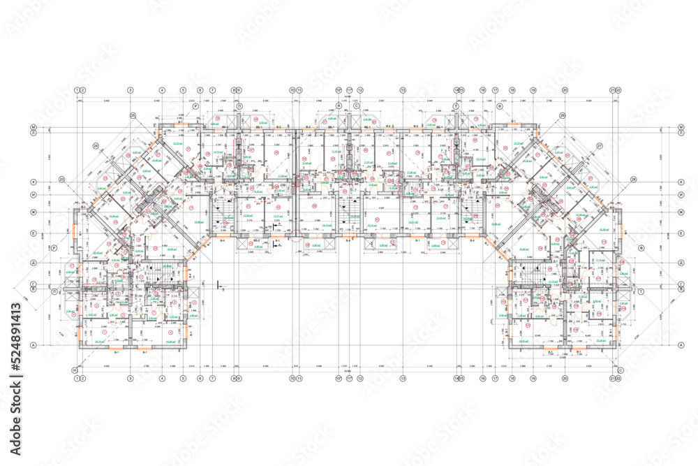 Apartment building detailed architectural technical drawing, vector ...