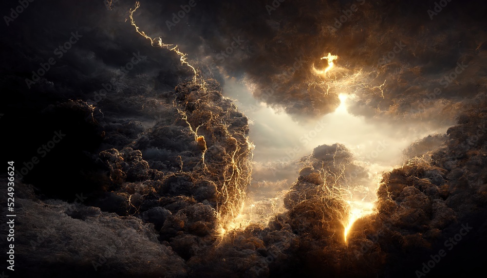 Raster illustration of black clouds of smoke with skylight ...
