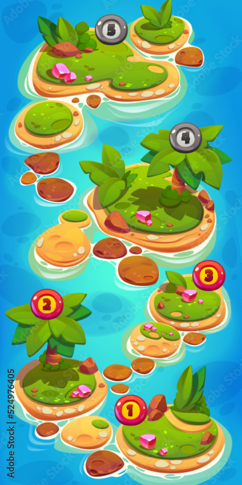 Game ui level map islands in ocean with crystals, palm trees, green ...