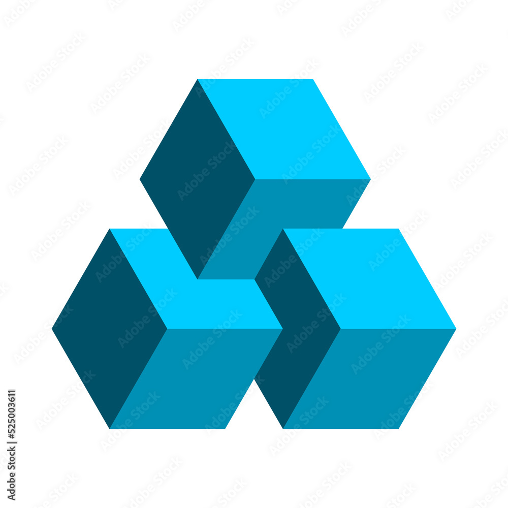 Three blue cubes floating in the air. Impossible 3D geometric shape ...
