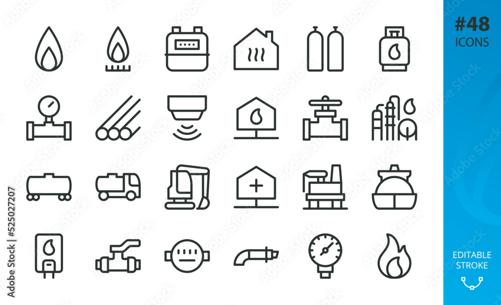 Natural gas isolated icons set. Set of gas production plant, flame, LPG ...