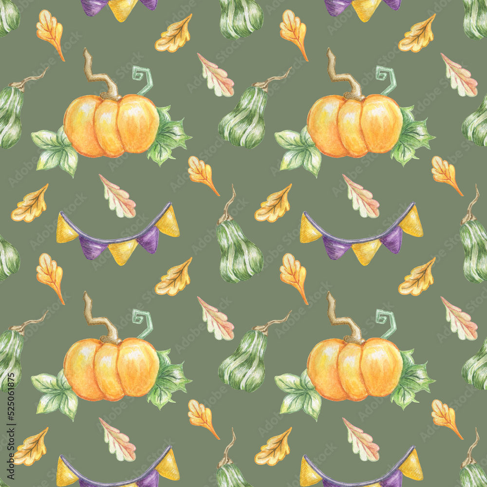 Seamless watercolor autumn pattern with pumpkins,check box and oak ...