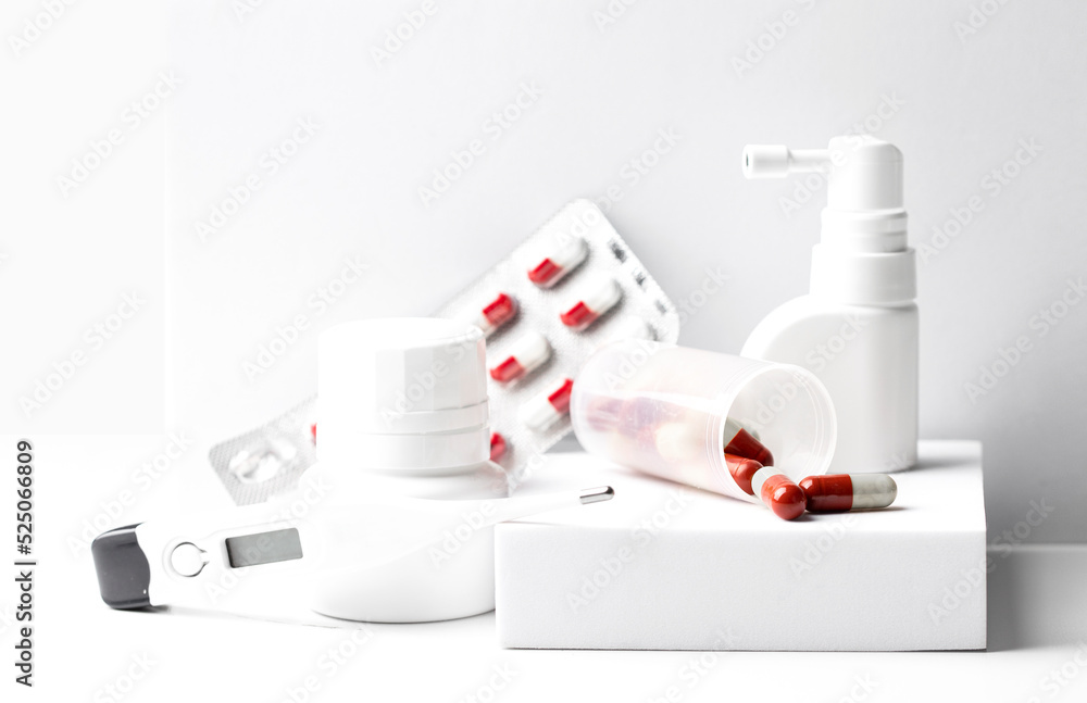 Flue and cold treatment set with nose spay, medical pills, vitamin ...