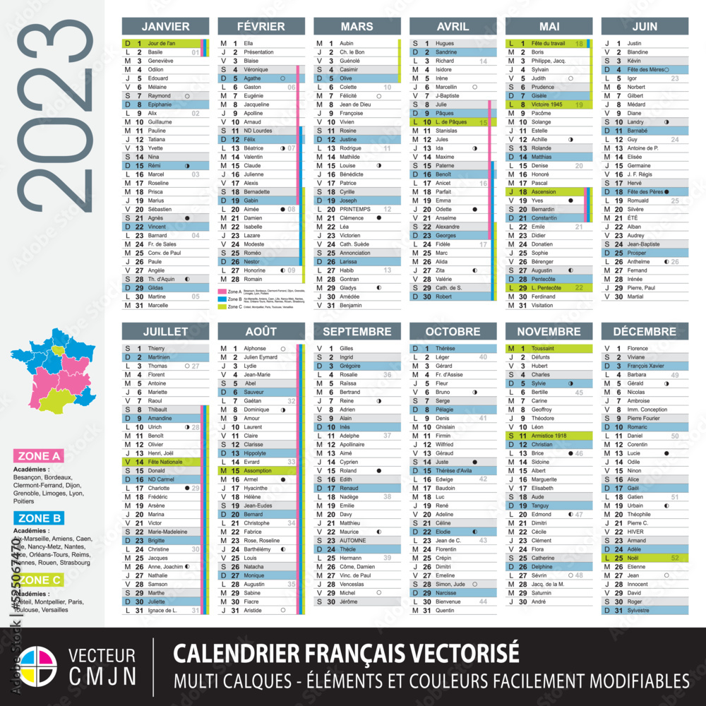 Calendrier français 2023 avec vacances scolaires, saints du jour ...