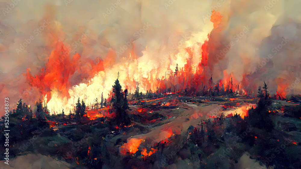 Wildfire, forest burning, 4k digital painting. Illustration of trees ...