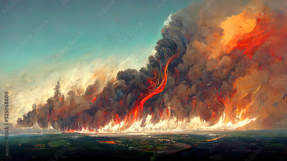 Wildfire, forest burning, 4k digital painting. Illustration of trees ...