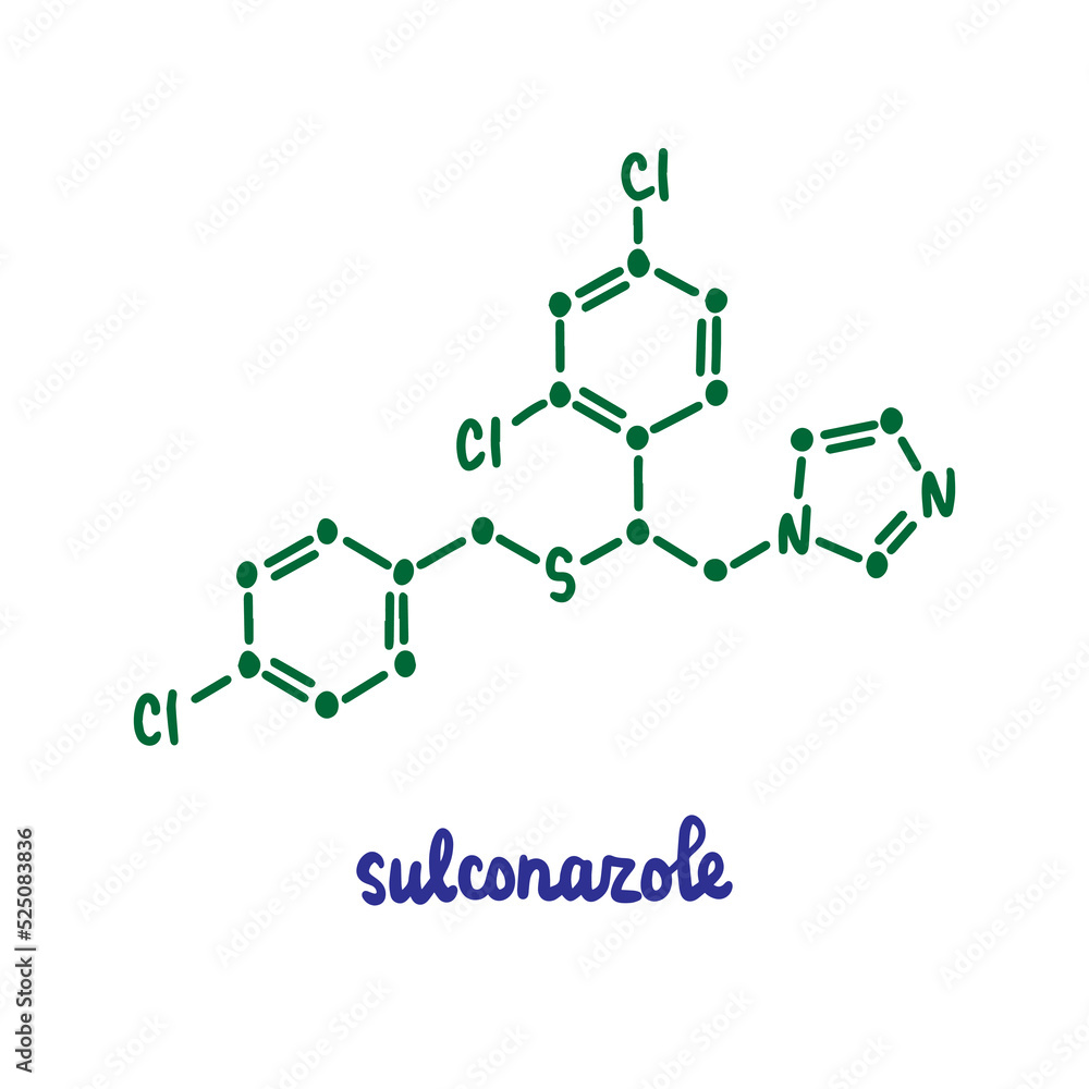 Sulconazole hand drawn vector formula chemical structure lettering blue ...