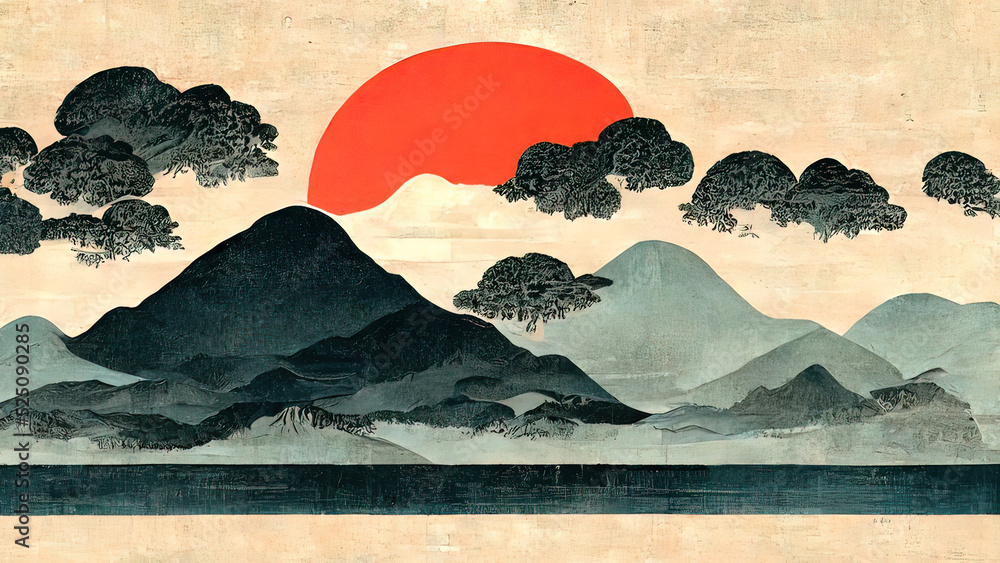 Japanese Ukiyo-e, landscape, art prints. Oriental artistic painting. Japanese landscape. 4k ...