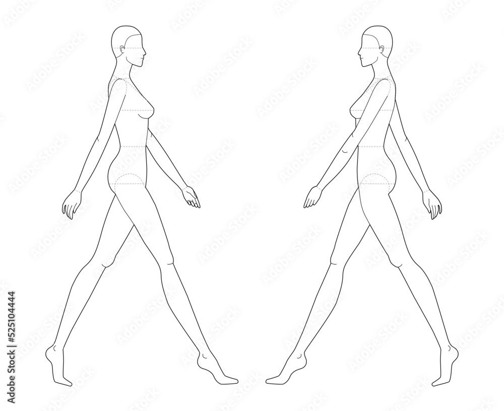 Walking women Fashion template 9 nine head size female with main lines ...