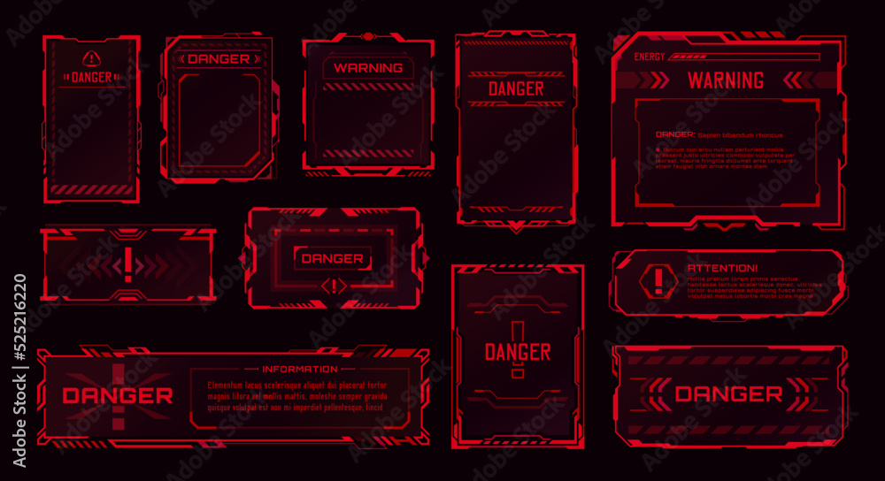 HUD danger zone, warning alert and attention red frames, vector futuristic game interface. HUD ...