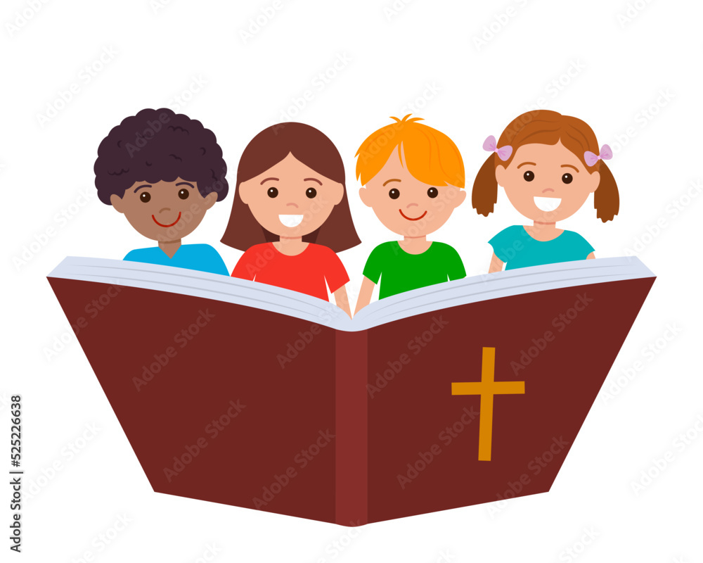 cute children read the bible. Sunday school concept. vector ...