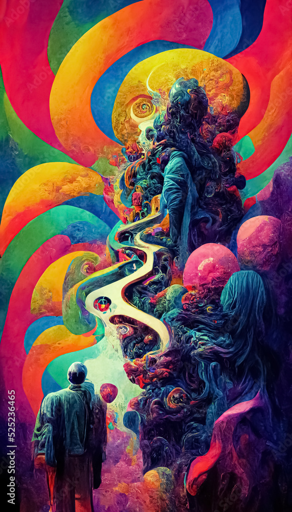 Psychedelic trippy LSD or magic mushrooms hallucinations hippie concept ...