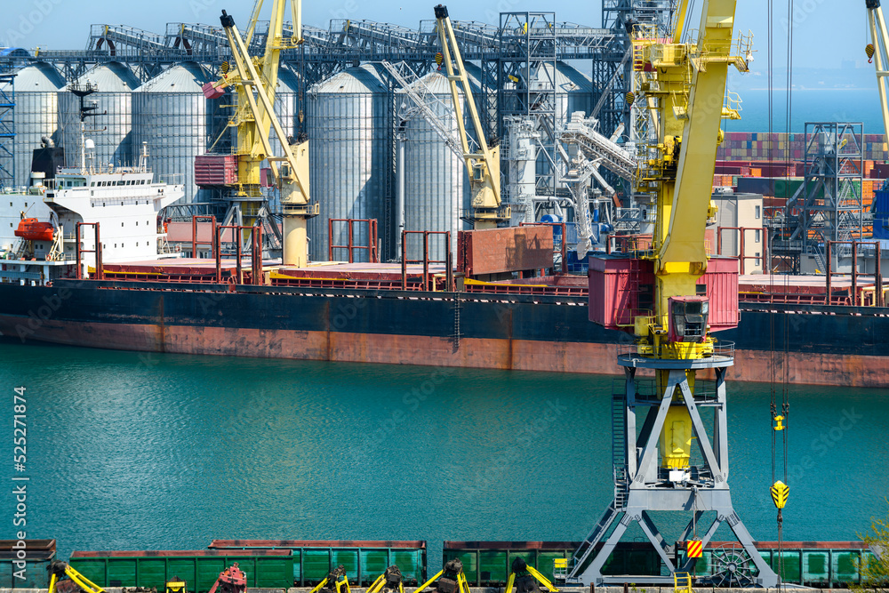 industrial seaport infrastructure, sea, cranes and dry cargo ship ...