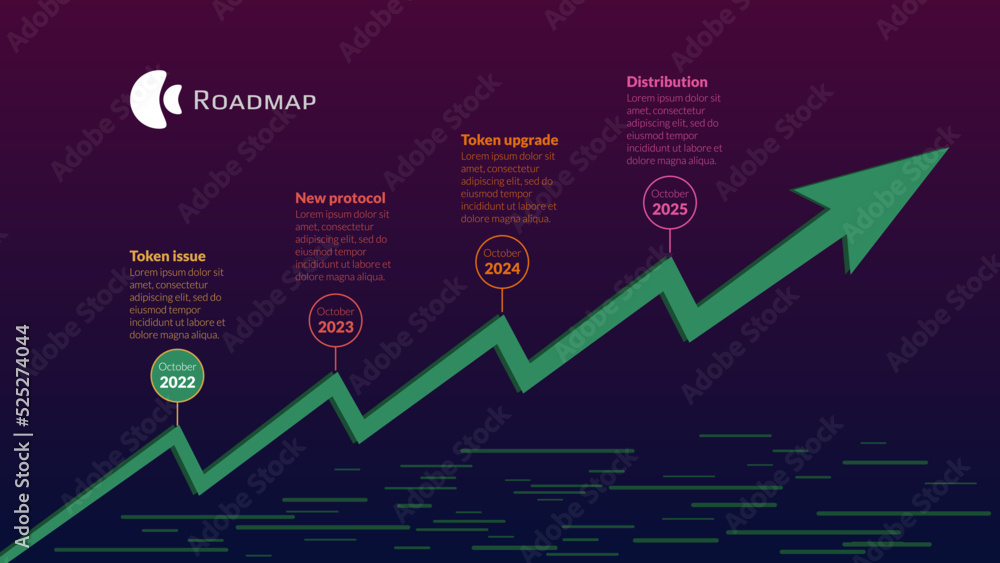 Roadmap with upward trend arrow and colored stages on dark purple ...