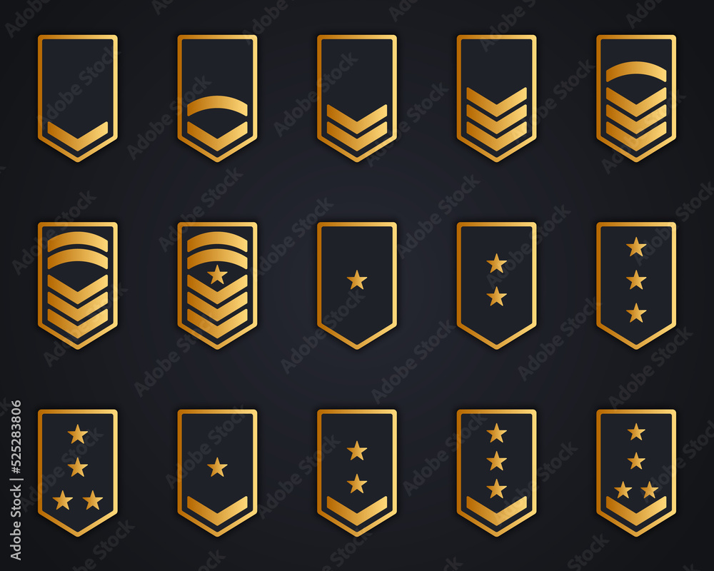 Military Insignia Soldier Icon Set. Chevron Stripes Badge Gold Logo ...