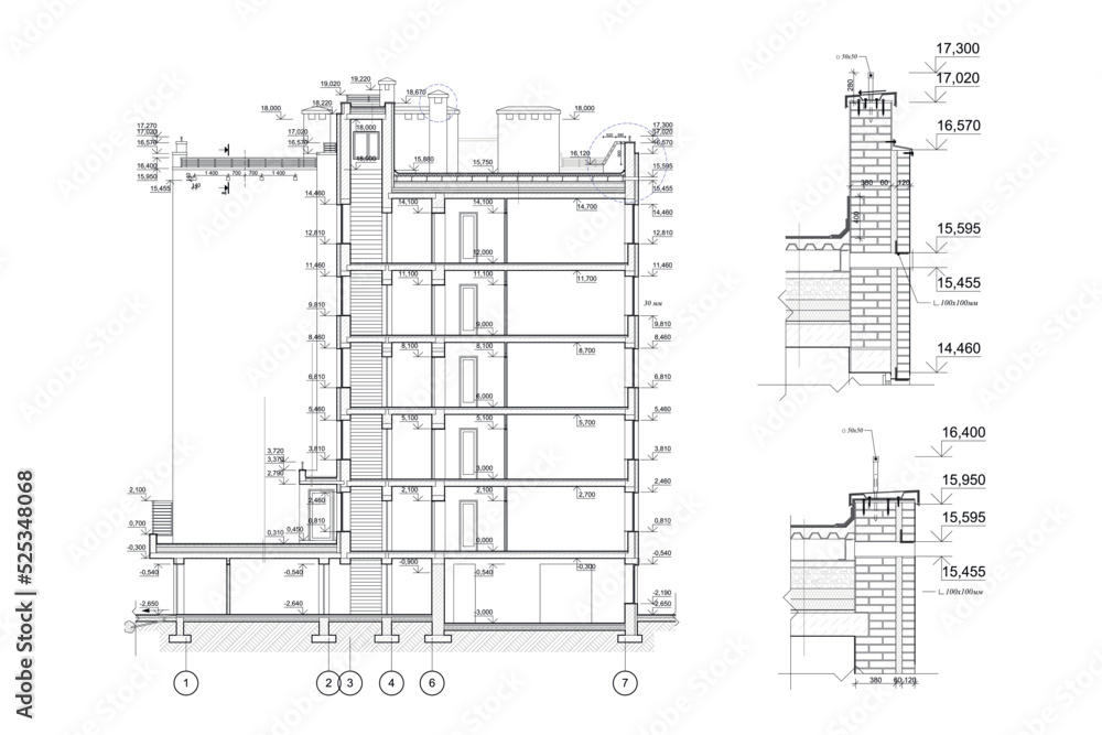 Multistory Building Detailed Architectural Technical Cross Section Drawing Vector Blueprint