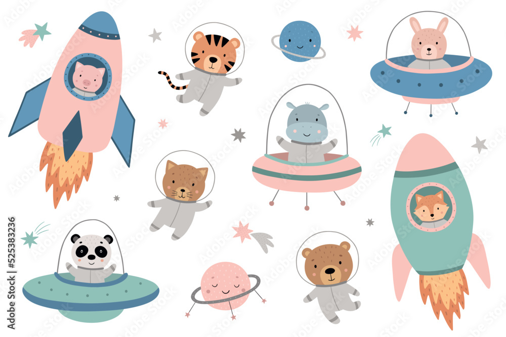 A big space set. Cute hand-drawn animals in spacesuits. The characters ...