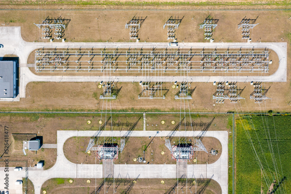 Electrical distribution substation, power lines, aerial view Stock ...
