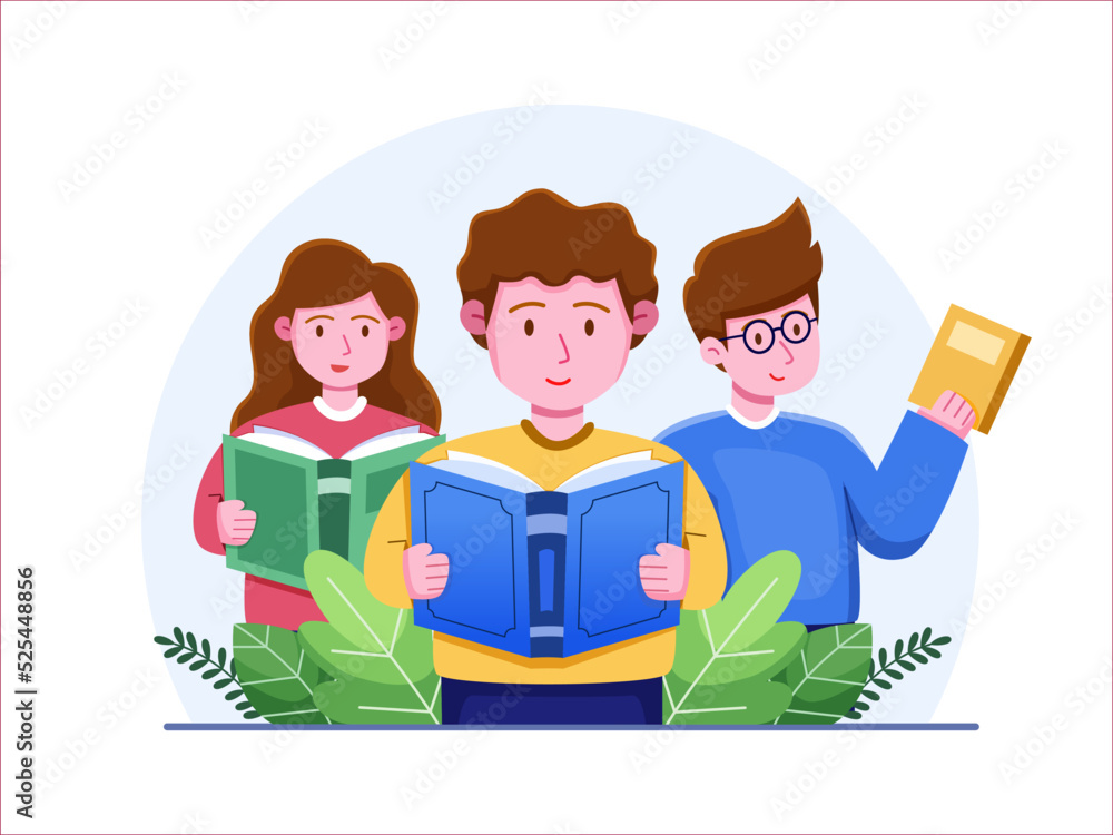 Group of People Reading Book Together, Vector Cartoon Illustration ...