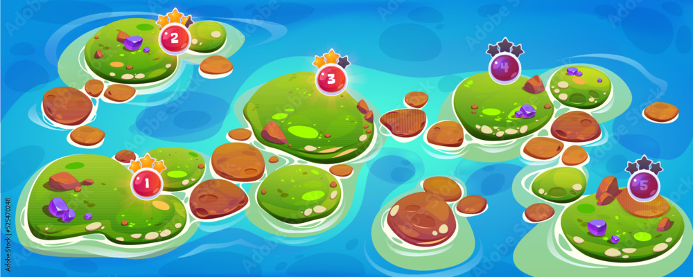 Game ui level map islands in ocean with crystals, green grass, rocks ...