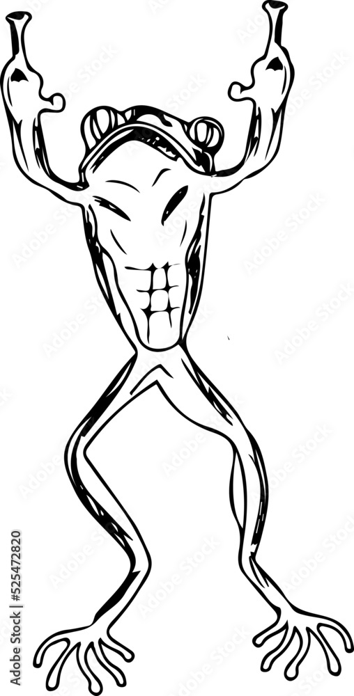 Vektor Dancing frog doodle, Frog in funny pose cartoon drawing, Frog in ...