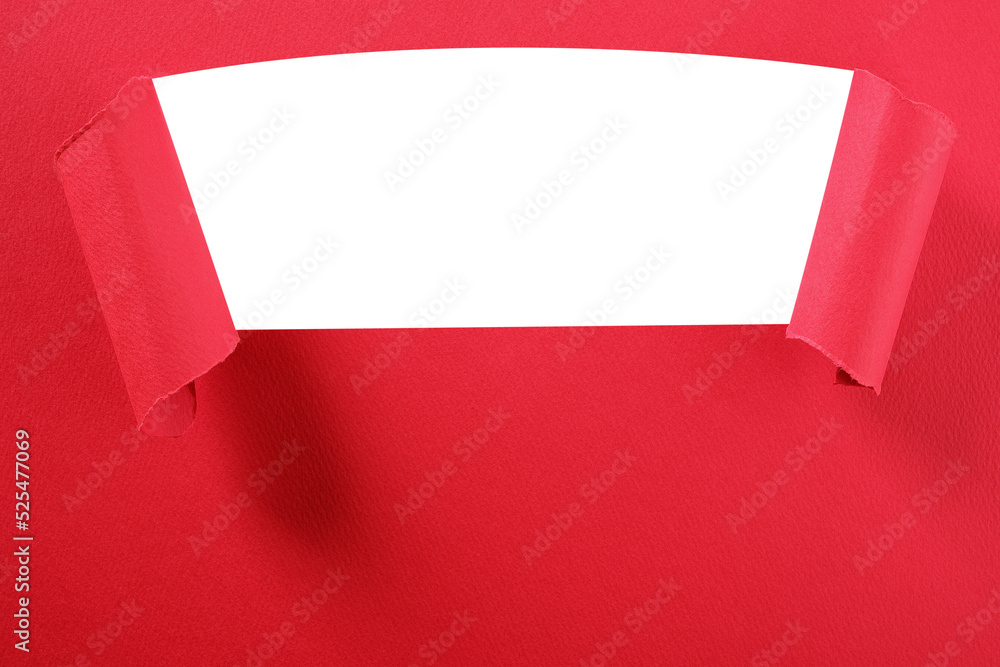Torn red paper strip banner curtain curled edge revealing transparent ...