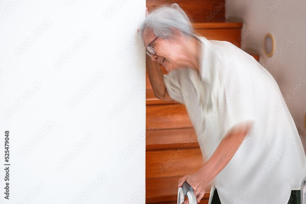 Sick senior woman suffering from dizziness,giddiness,attack of vertigo ...