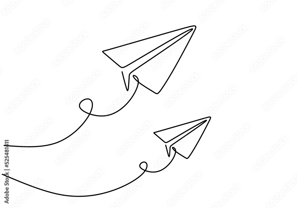 One continuous single line hand drawing of two paper airplane isolated ...