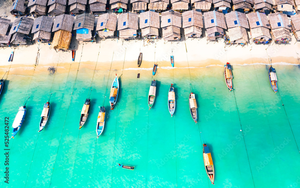 Aerial view of Koh Surin Marine National Park. Traditional long-tail ...