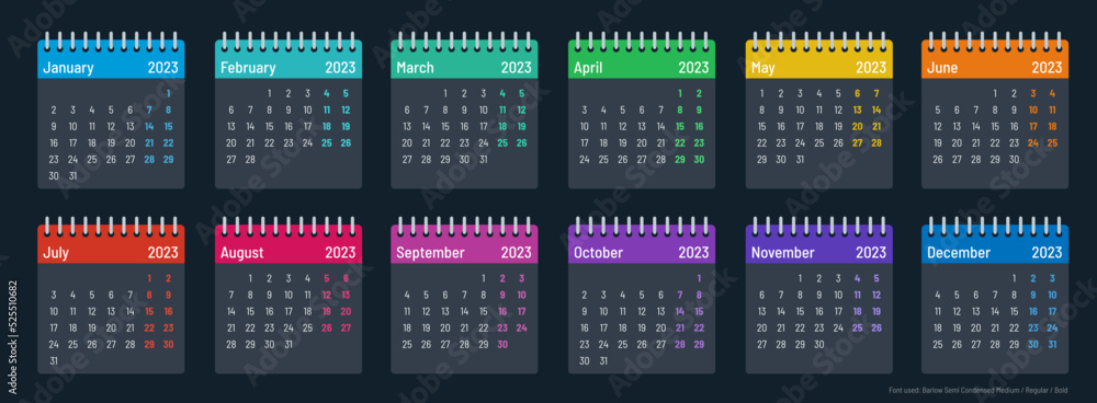 Dark color calendar template 2023, Months, week starts on Monday Stock ...