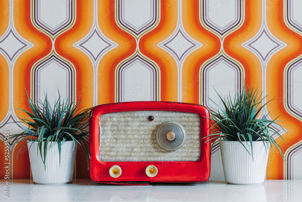 Red old fashioned radio and potted plants against colorful wall Stock ...