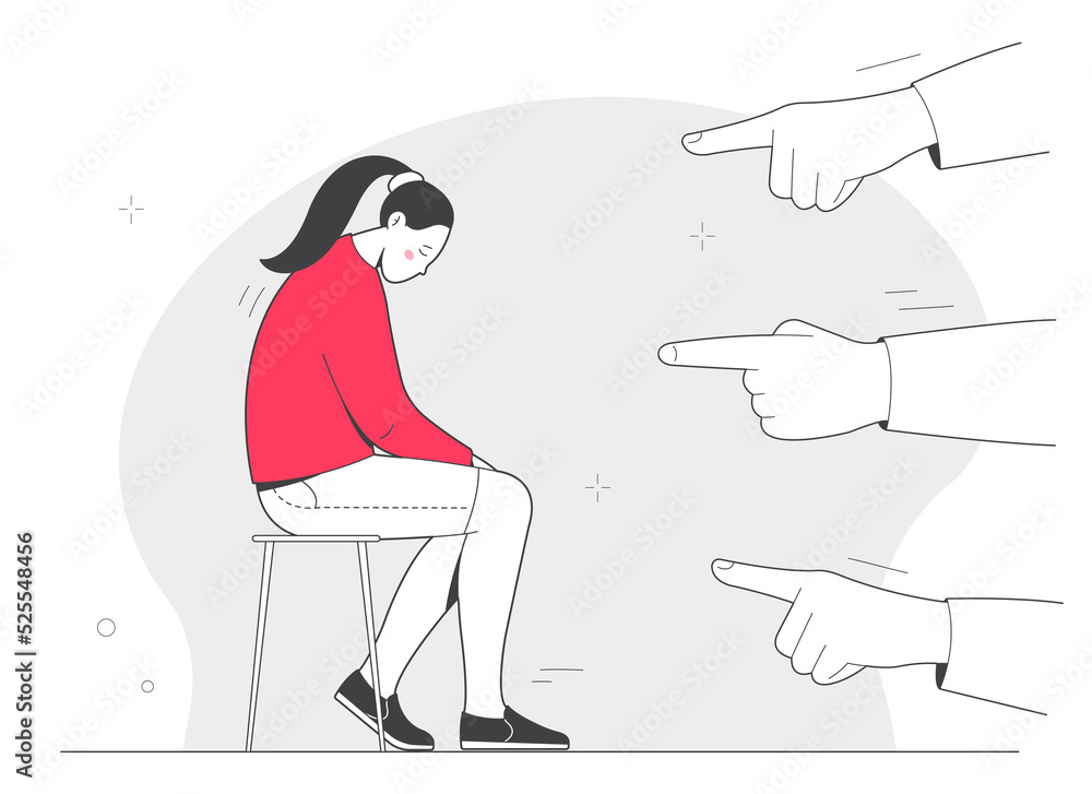 Sad young woman being judged by different people pointing fingers at ...