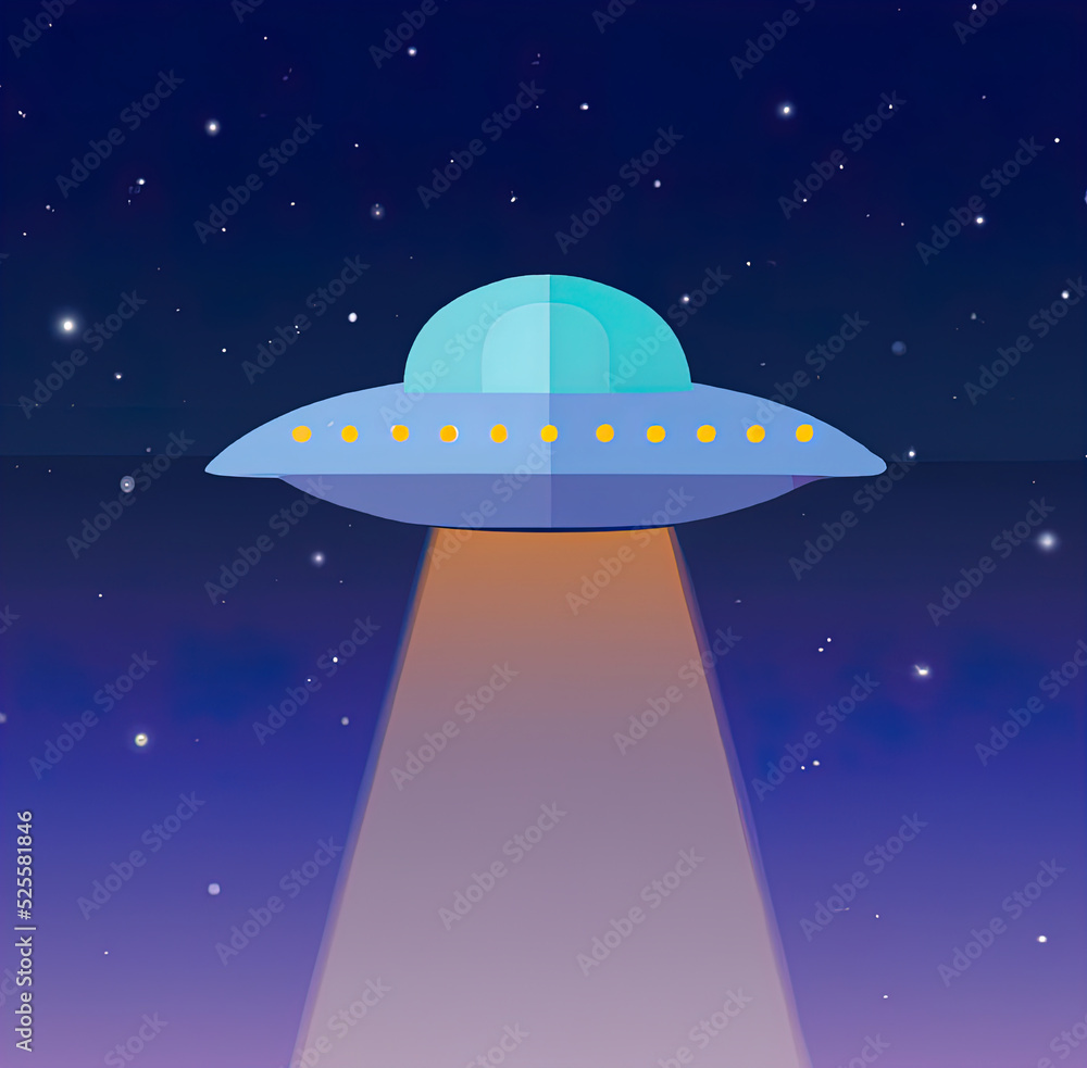 2D flat illustration of UFO in space with beam from below. Minimalist ...