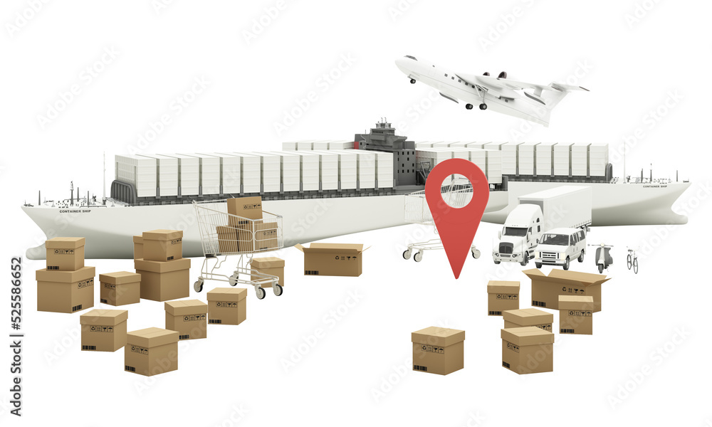 the Earth world map surrounded by cardboard boxes, a cargo container ...