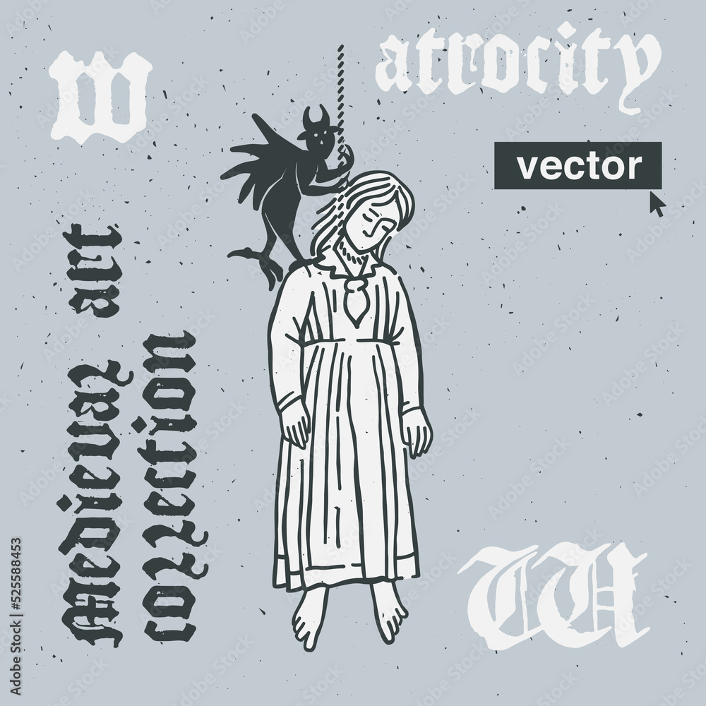 Hanged woman with the devil vector engraving style illustration ...