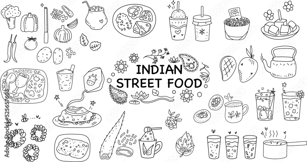 Hand-drawn doodle line art of Indian Street food icon set. cute black ...