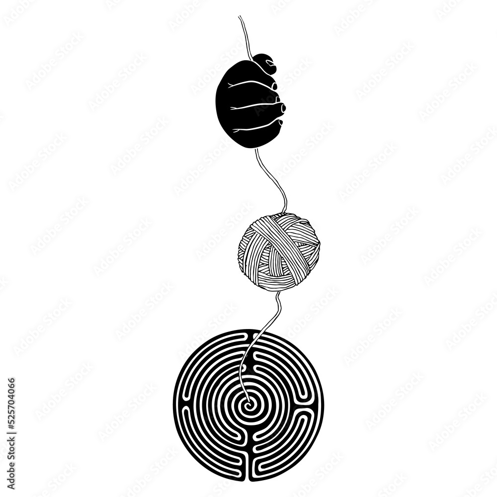 Human children's hand holding thread of a yarn ball leading to a round ...