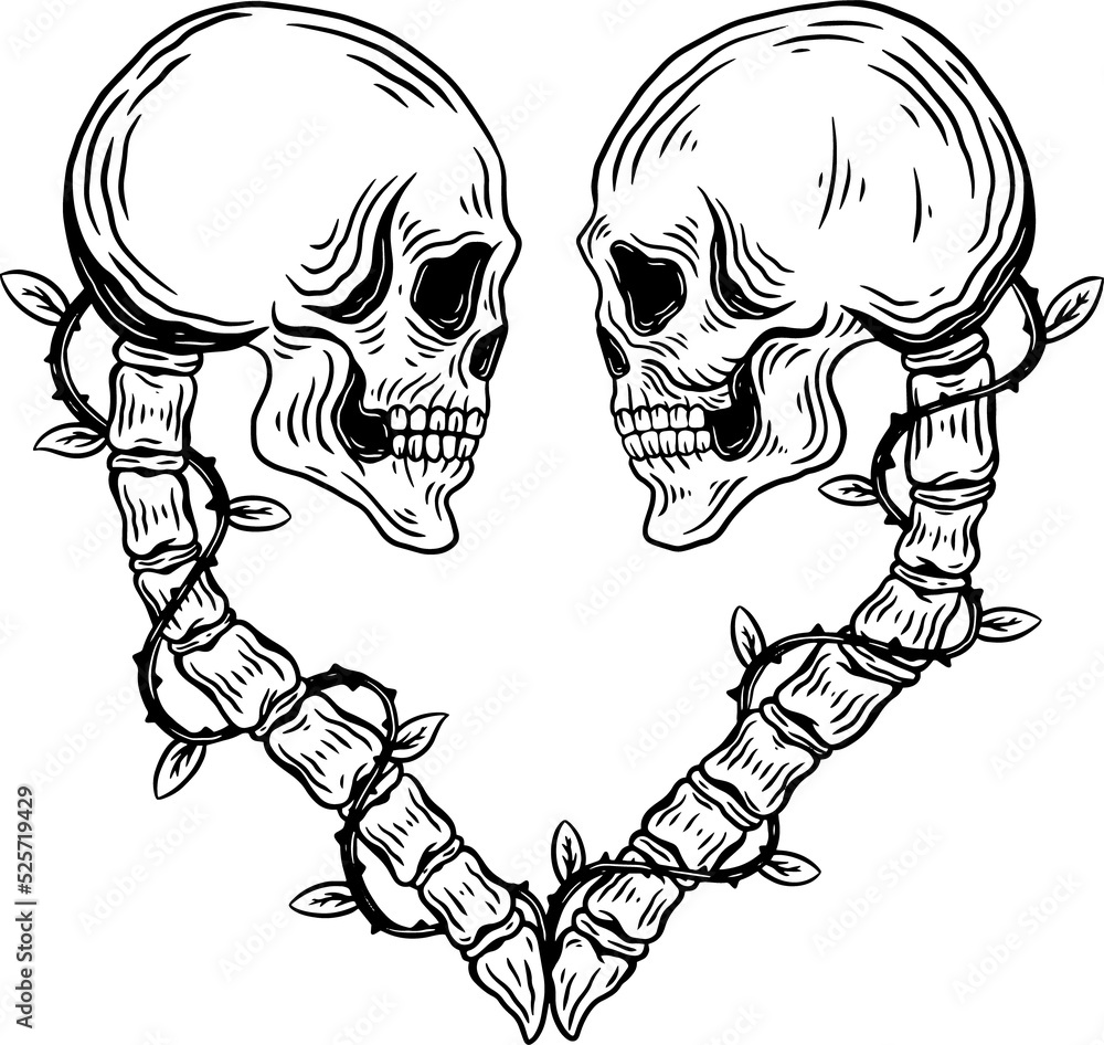 Skull Bones Head Hand drawn Hatching Outline Style Mystical Celestial ...