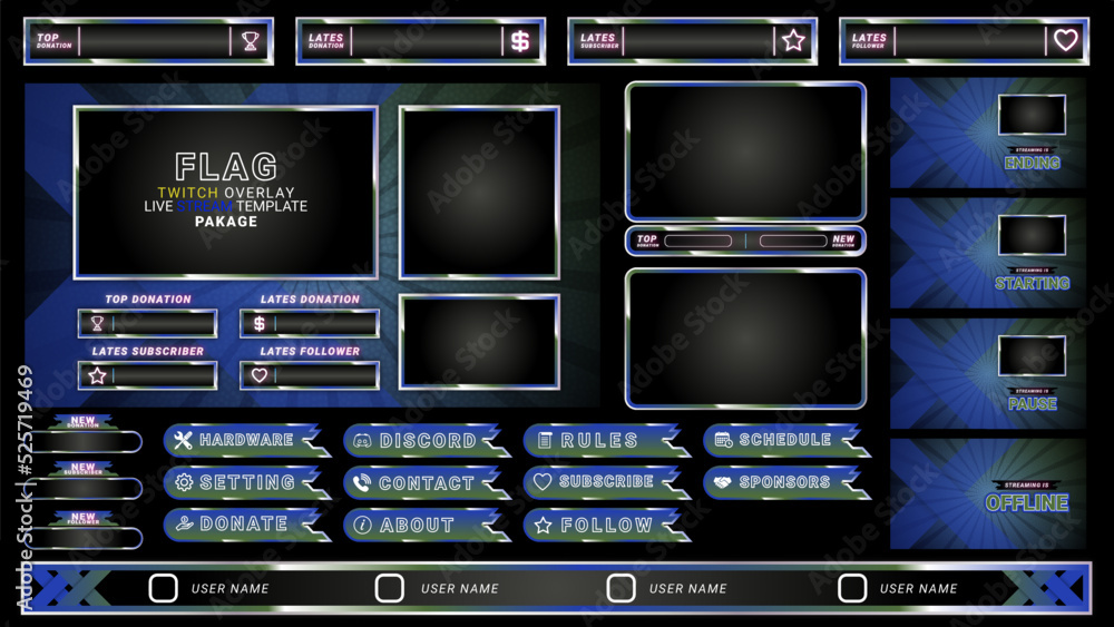 twitch Stream Facecam OBS Template Blue X overlay design Pack . modern ...