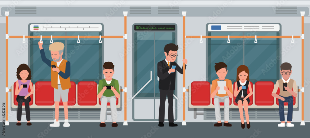 Set Train, Tram and Metro and Crowd of people go by public transport ...