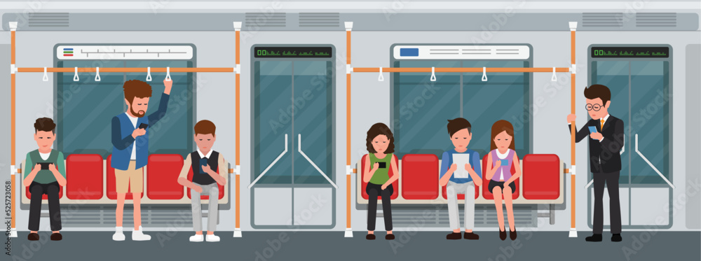 Set Train, Tram and Metro and Crowd of people go by public transport ...