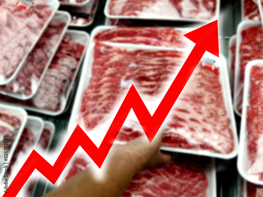 Abstract blurred image of big red arrow growing on supermarket ...