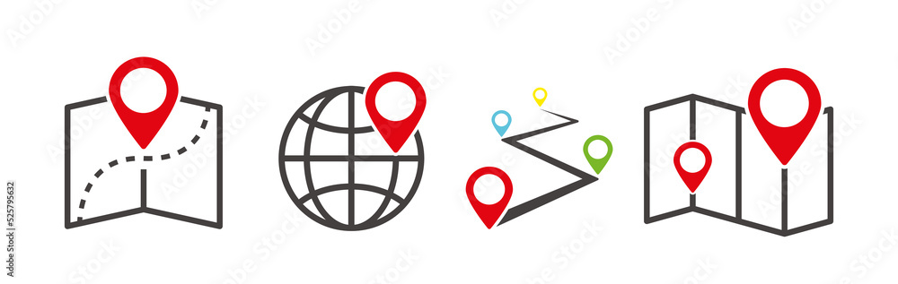 Map pin location icon set. Navigation, direction, GPS location symbols. Route map with pointer ...