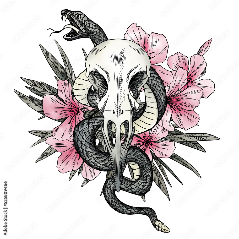 Watercolor raven skull, snake and flowers print.Colorful halloween ...